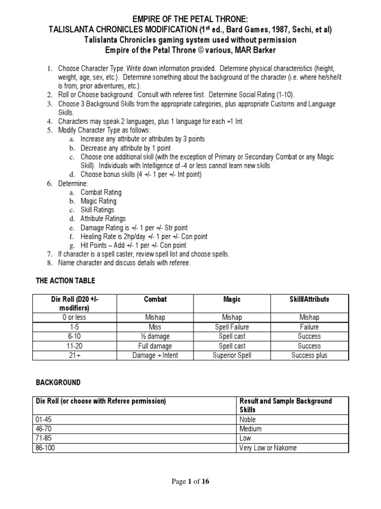 The Action Table Die Roll (D20 +/-Modifiers) Combat Magic Skill ...
