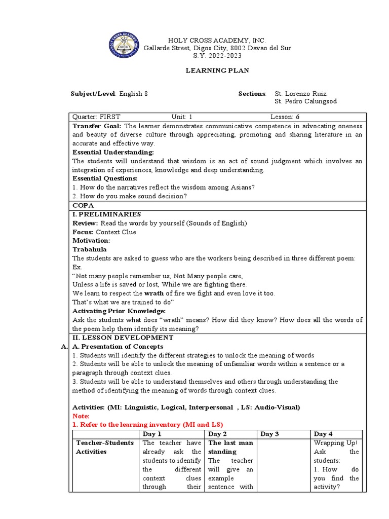 Learning Plan For Grade 8 English | PDF | Learning | Wisdom