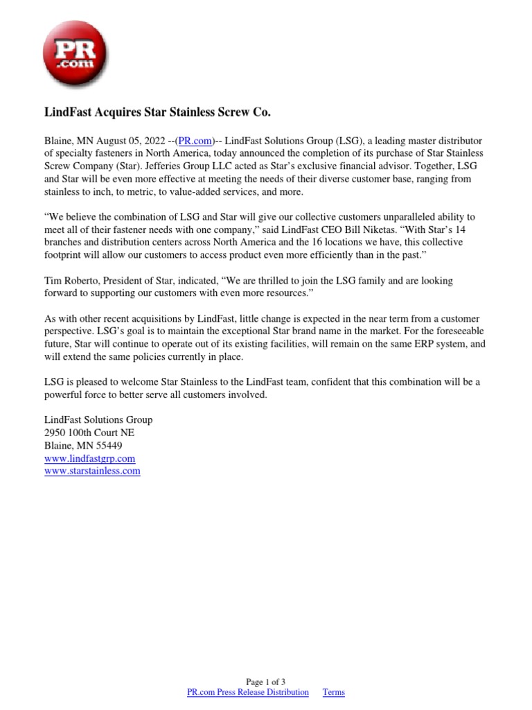 LindFast Acquires Star Stainless Screw Co. | PDF | Market (Economics ...