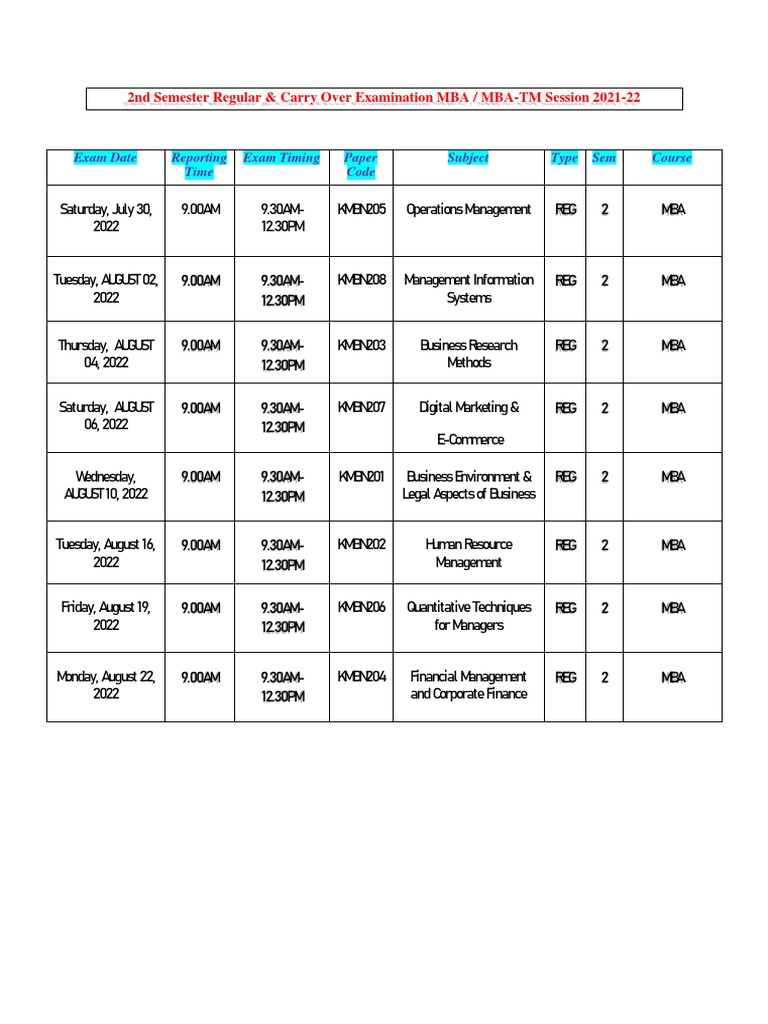 Exam Date Sheet Mba 2nd Semester - 1 | PDF