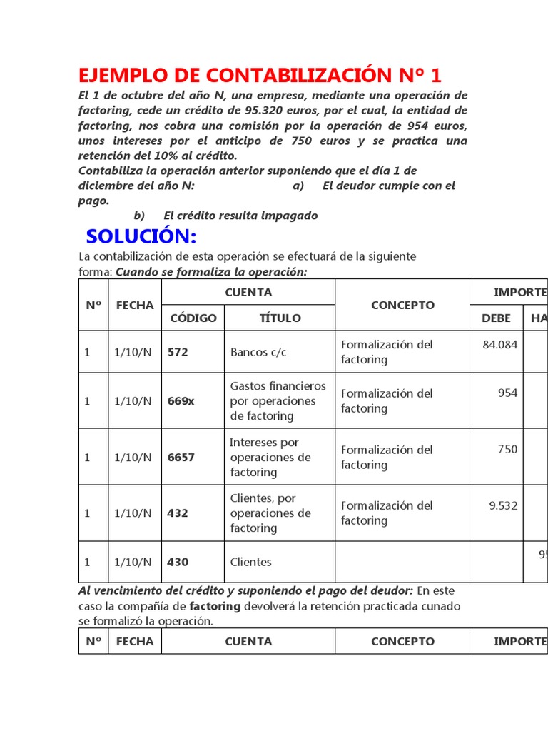 EJEMPLO DE CONTABILIZACIÓN FACTORING #1 v2 | PDF | Factoring (Finanzas ...