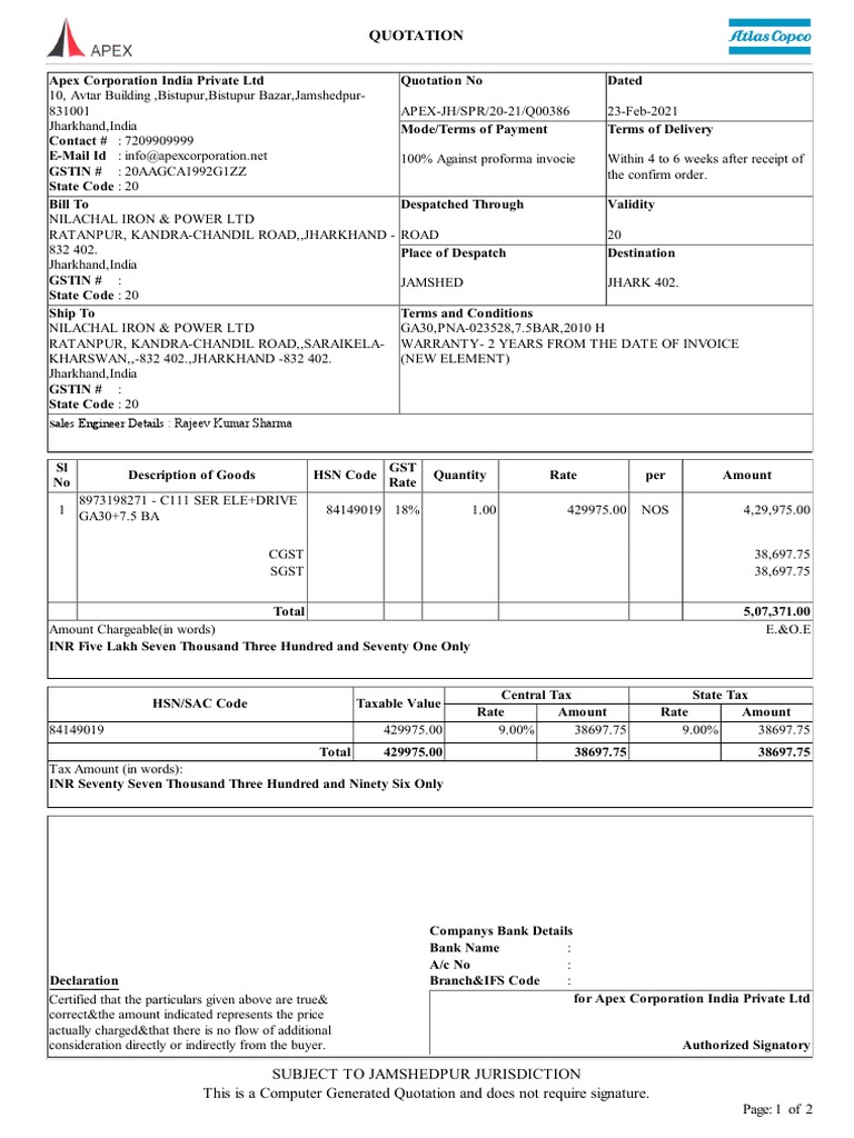 Quotation: Subject To Jamshedpur Jurisdiction This Is A Computer ...
