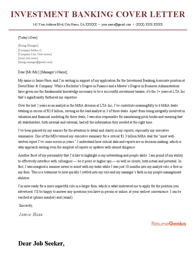 Investment Banking Cover Letter: Dear Job Seeker | PDF | Résumé ...