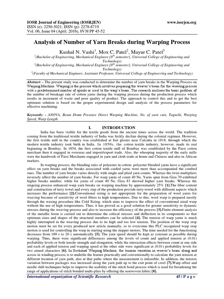 Analysis of Number of Yarn Breaks During Warping Process: Kushal N ...
