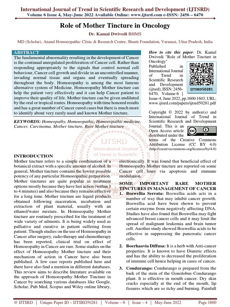 Role of Mother Tincture in Oncology | PDF | Cancer | Homeopathy