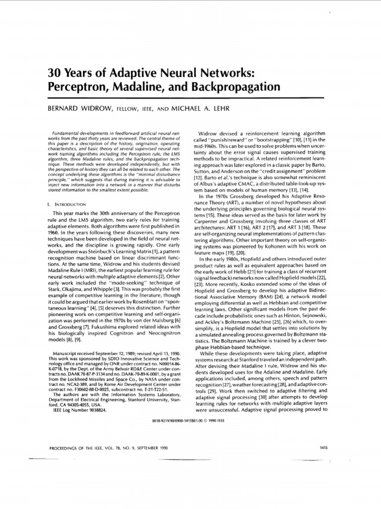 30 Years of Adaptive Neural Networks - Perceptron, Madaline, and Backpropagation | PDF ...
