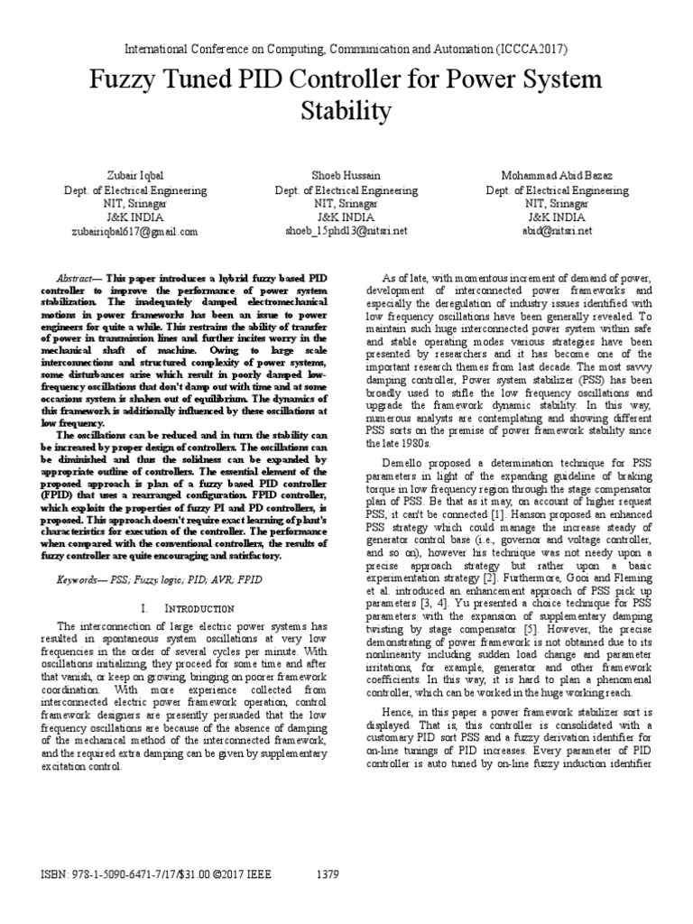 Fuzzy Tuned PID Controller For Power System Stability | PDF | Fuzzy Logic | Control Theory