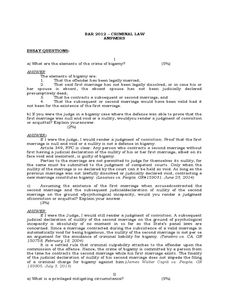 Bar 2012 - Criminal Law Answers Essay Questions:: Answer | PDF ...