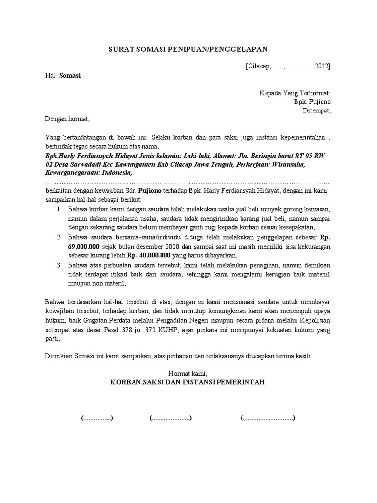 Surat Somasi Penipuan | PDF