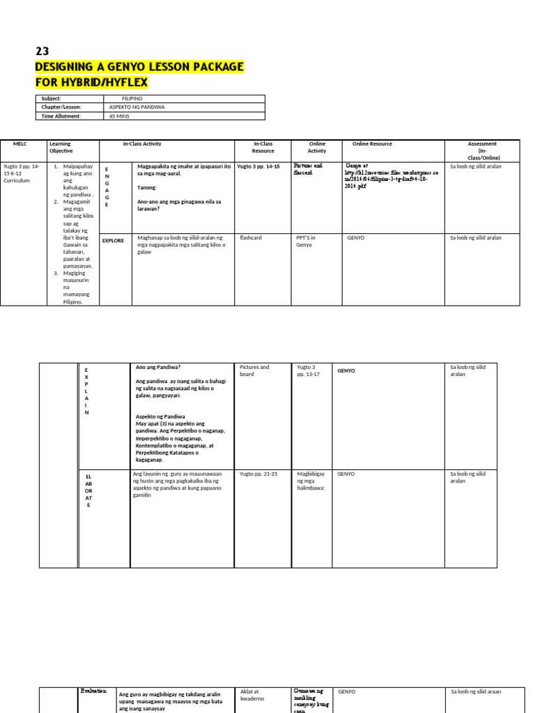 Genyo Learning Package Aspekto NG Pandiwa - Maryhomes Branch 123647 | PDF