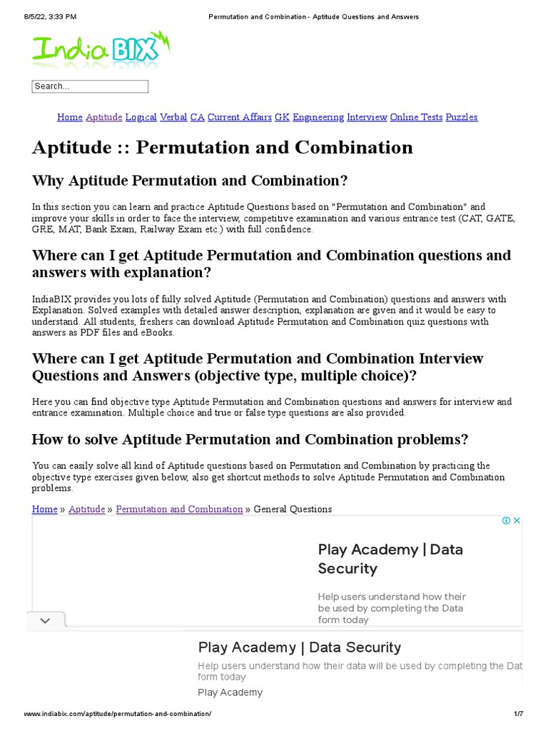 Permutation and Combination - Aptitude Questions and Answers | PDF ...