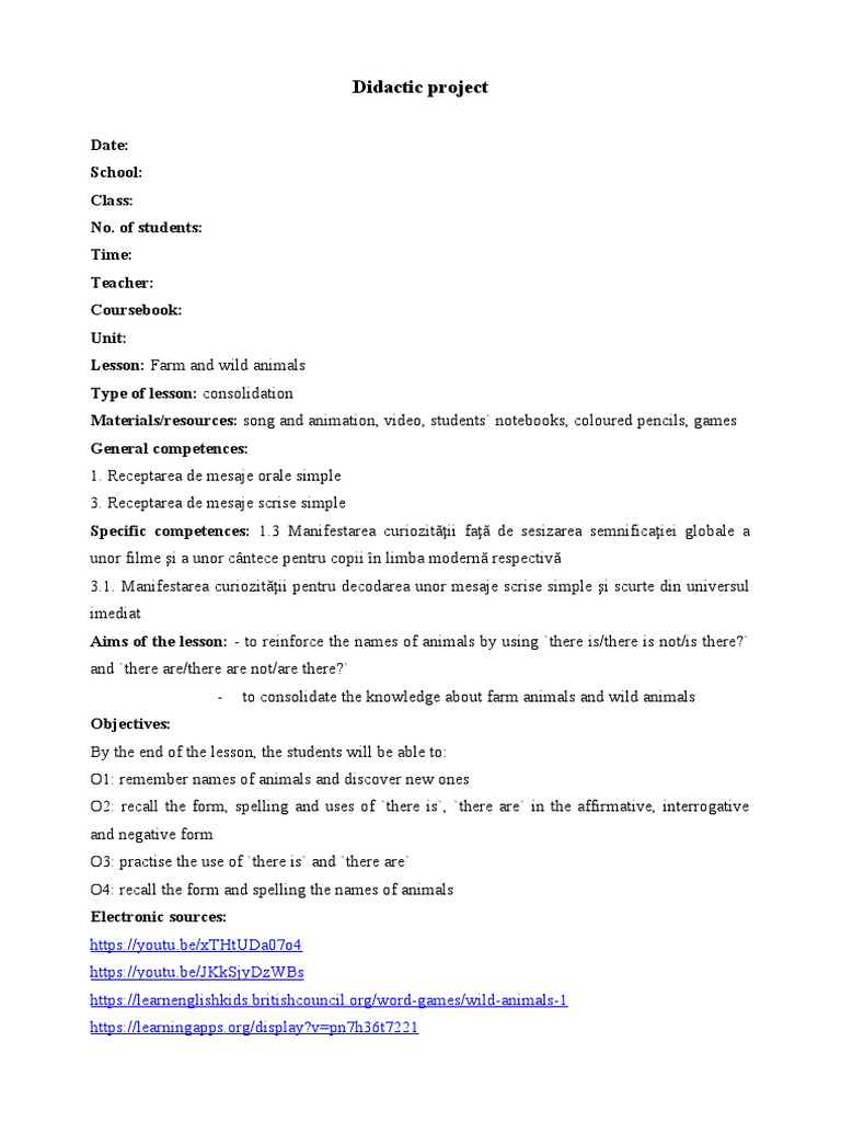Wild Animals Lesson Plan Overview | PDF | Learning | Cognitive Psychology