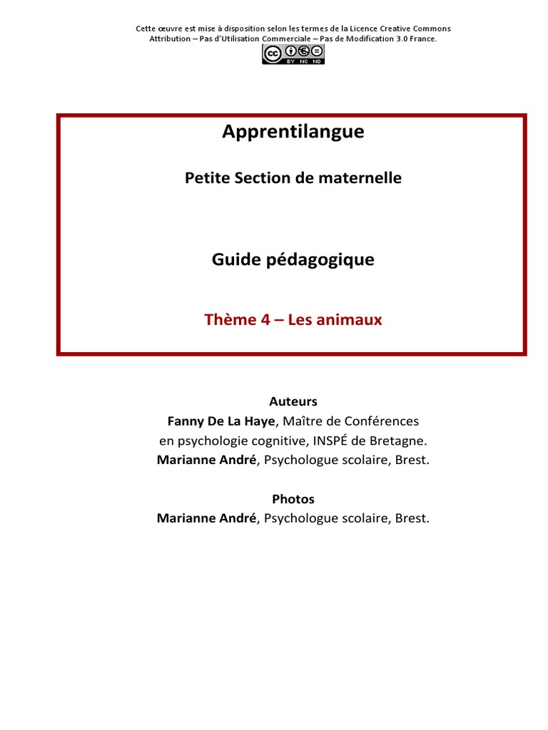 Guide Pédagogique Apprentilangue PS - Thème 4 - Les Animaux | PDF | Âne | Mouton