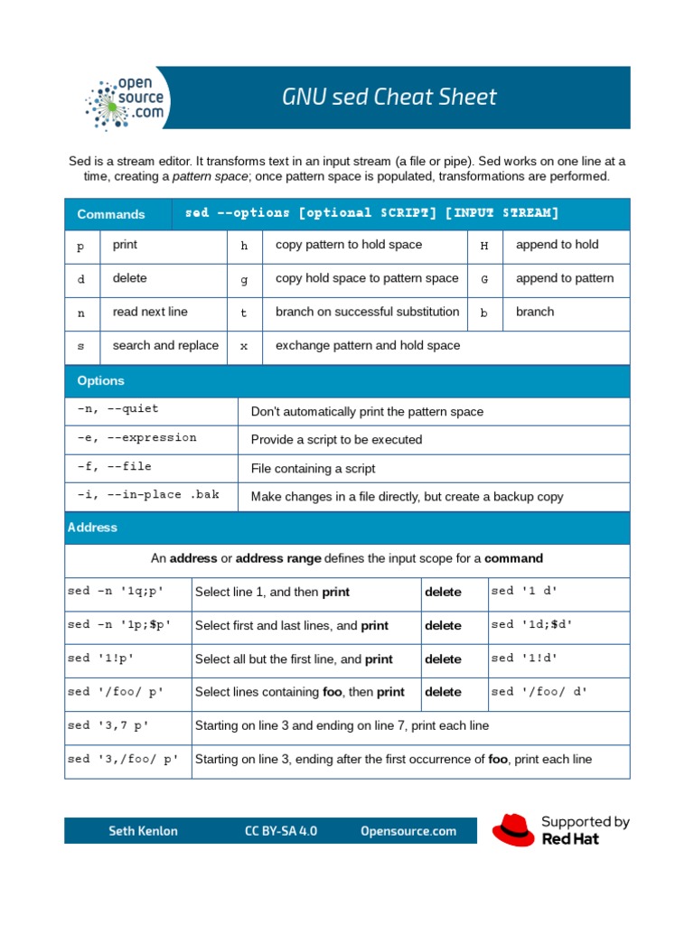 GNU Sed Cheat Sheet: Sed - Options (Optional SCRIPT) (INPUT STREAM ... GNU Sed Cheat Sheet: Sed - Options (Optional SCRIPT) (INPUT STREAM ...