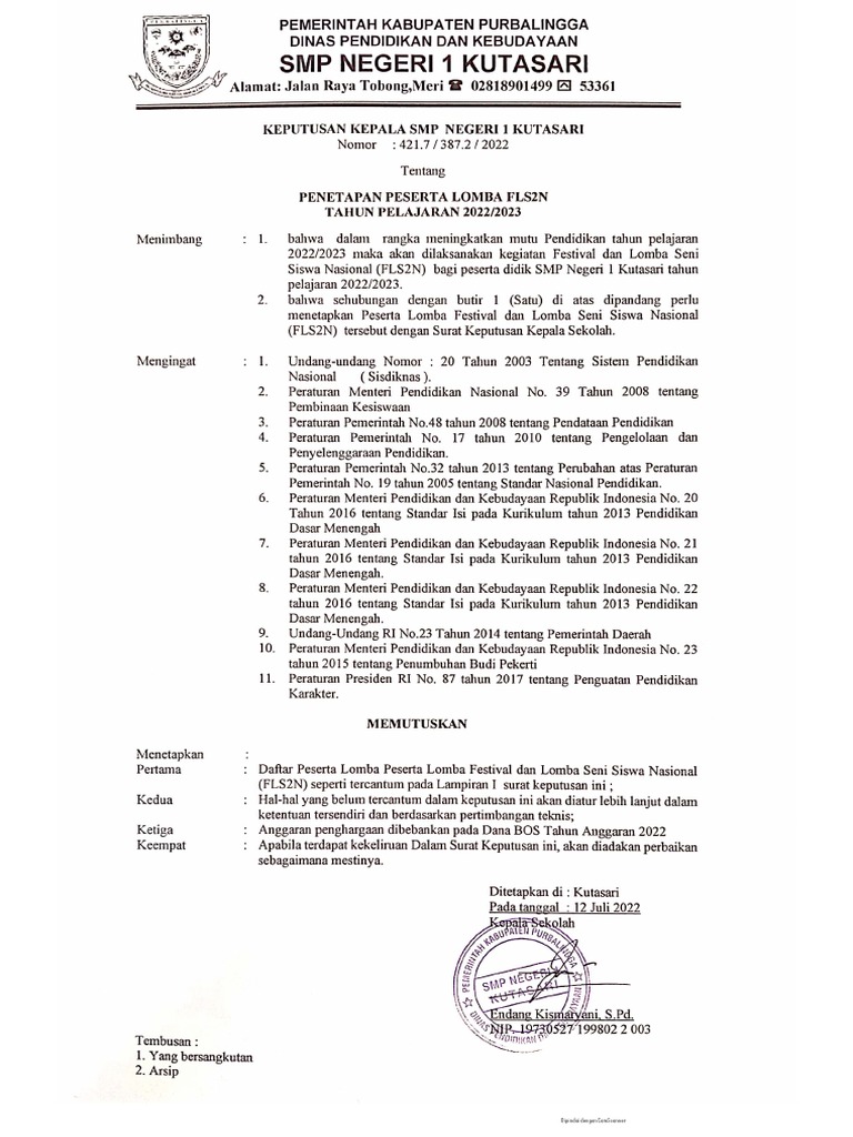 SK PENETAPAN PESERTA LOMBA FLS2N | PDF