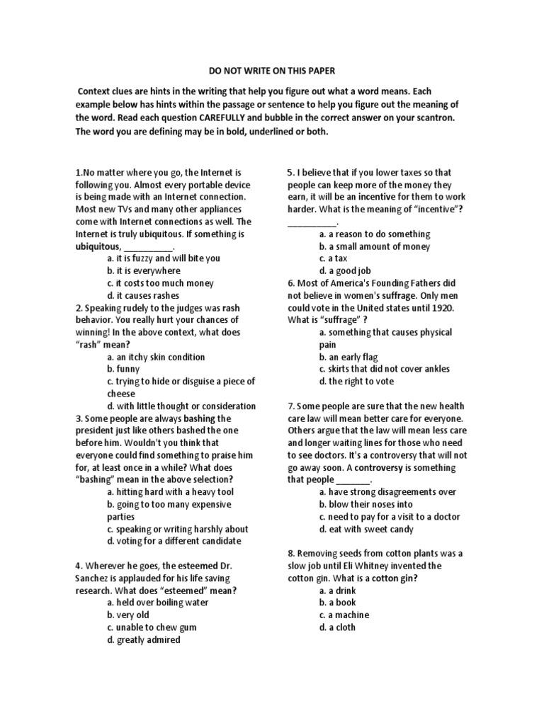 Do Not Write On This Paper - Reading Test 5to | PDF