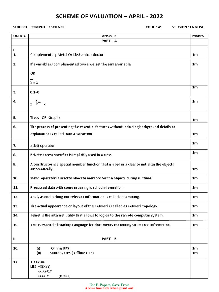 Scheme Of Valuation April 2022 Subject Computer Science Code 41 Version English Pdf 