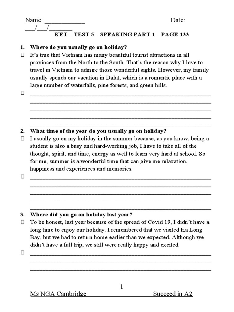 Ket - Test 5 - Speaking Part 1 - Page 133 | PDF