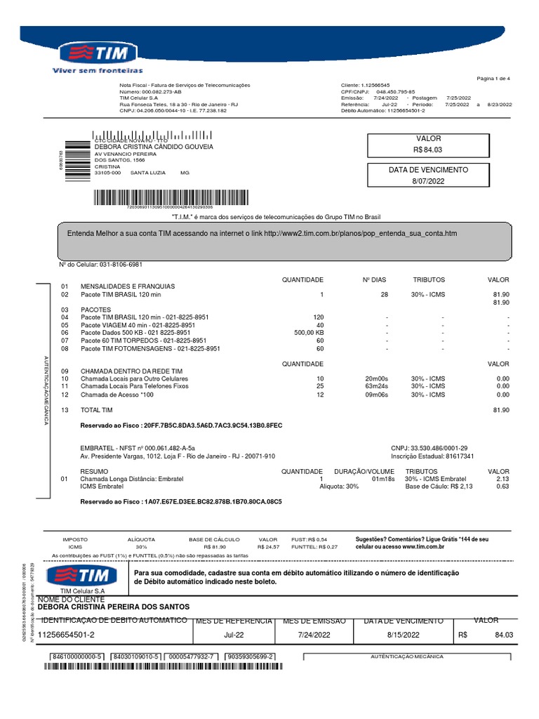 Fatura Tim | PDF | Indústrias de serviços | Telecomunicações
