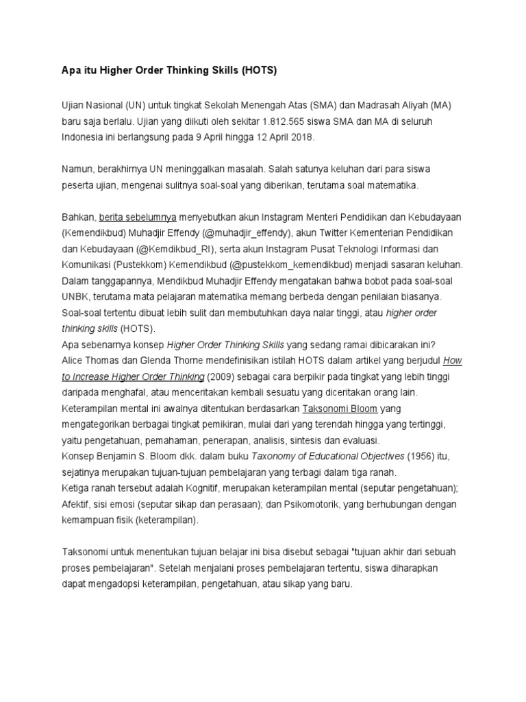 Apa Itu Higher Order Thinking Skills | PDF