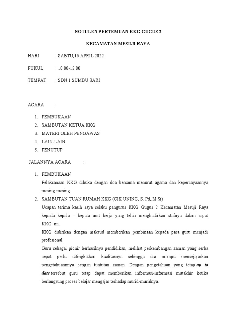Notulen Pertemuan KKG Mesuji Raya | PDF
