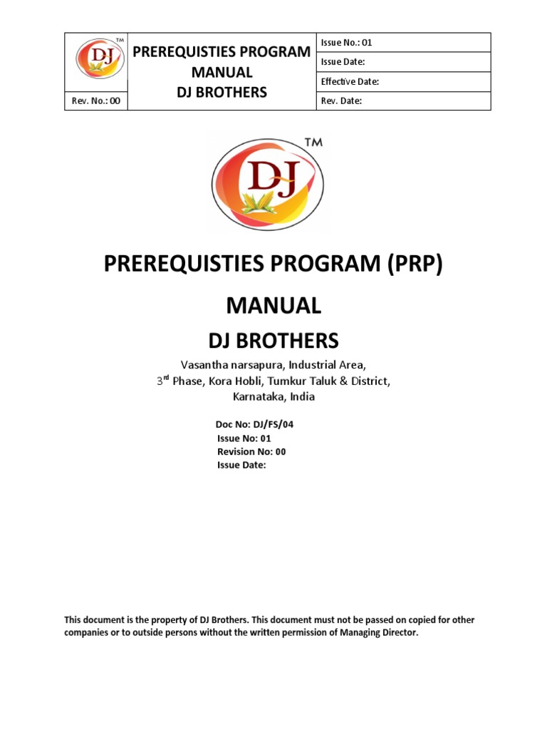 DJ Brothers PRP Manual | Download Free PDF | Food Safety | Hygiene