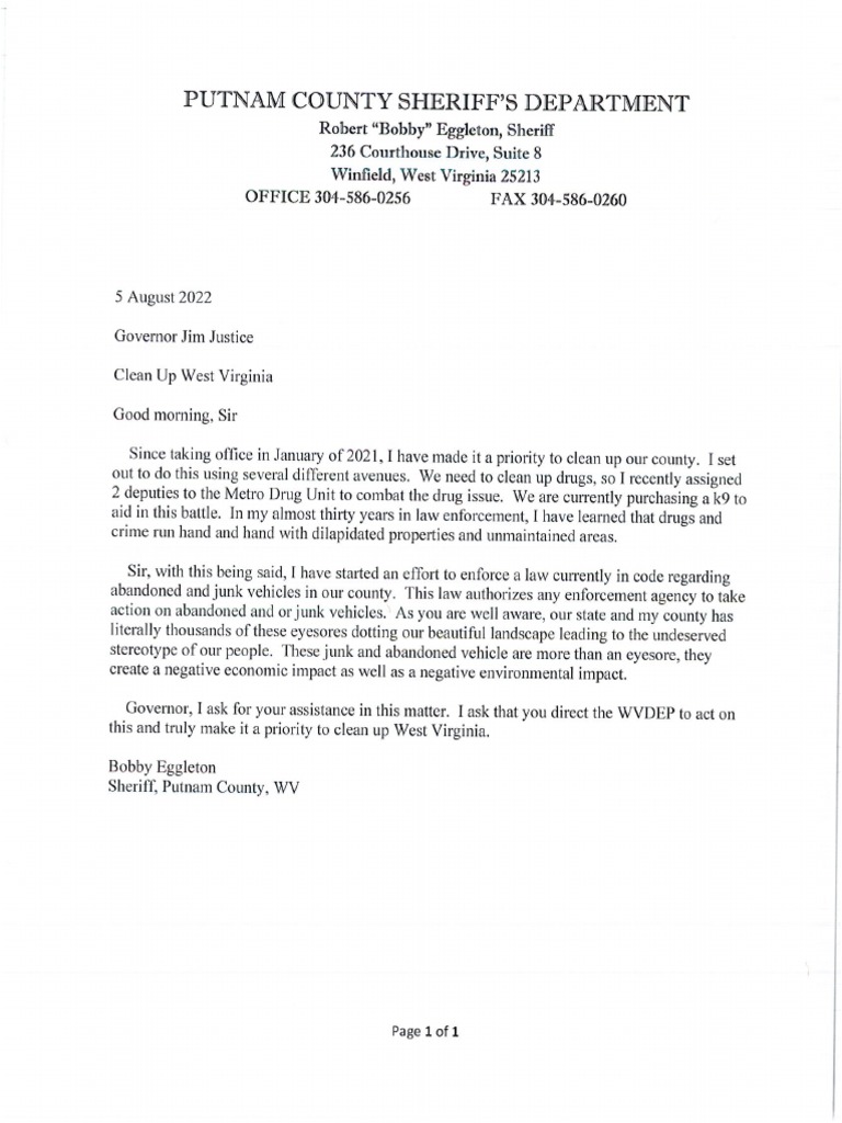 Putnam Sheriff Letter To The Governor | PDF