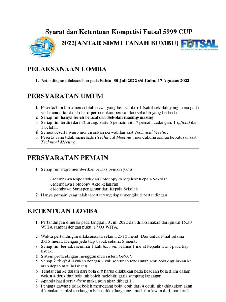 Syarat Dan Peraturan 5999 Futsal Cup 2022 | PDF