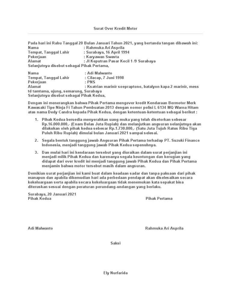 Surat Over Kredit Motor | PDF