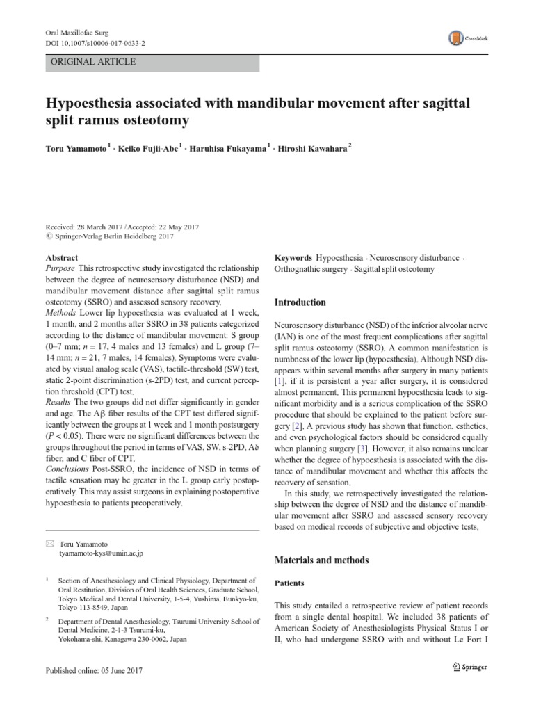 Hypoesthesia Associated With Mandibular Movement After Sagittal Split ...