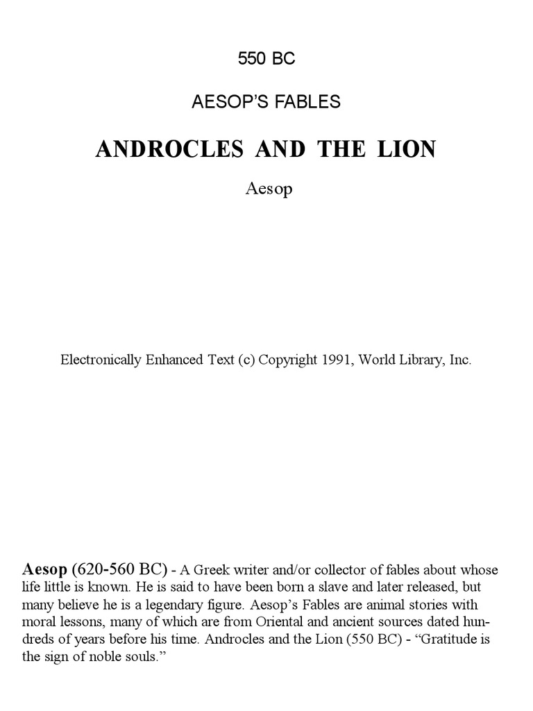 Androcles and The Lion: Aesop'S Fables | PDF | Poetry | Classics