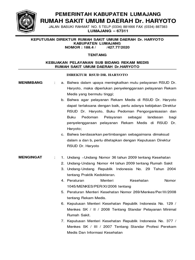 SK Kebijakan Pelayanan Rekam Medik | PDF