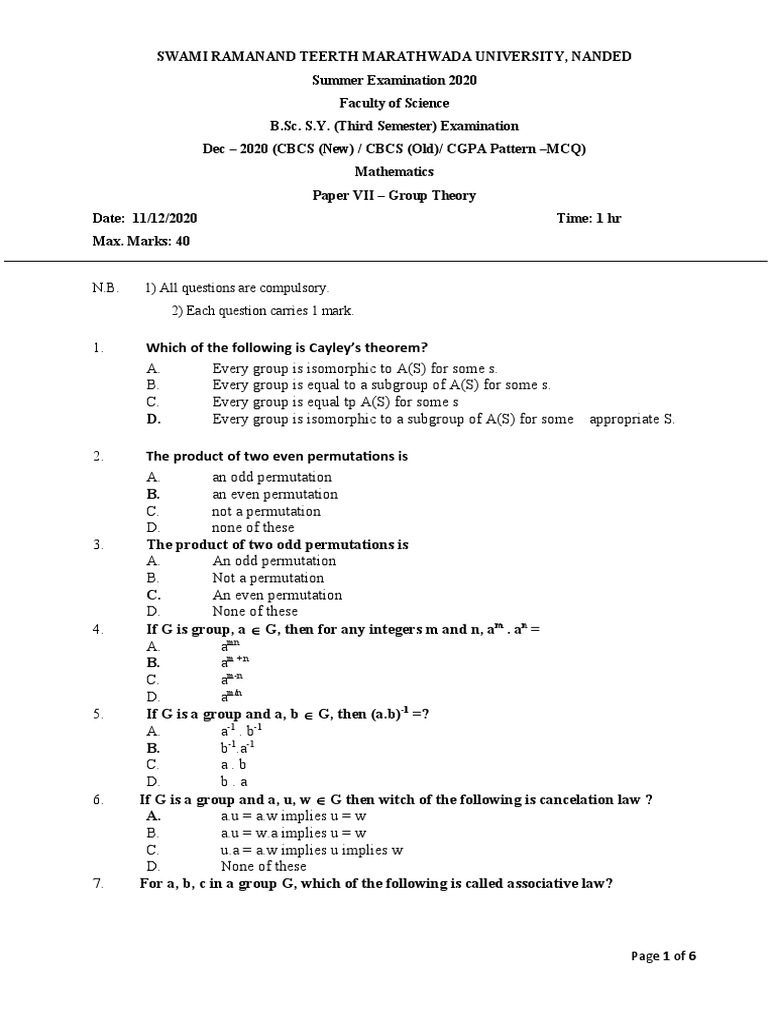 Group Theory Exam Questions 2020 | PDF | Group (Mathematics) | Index Of ...