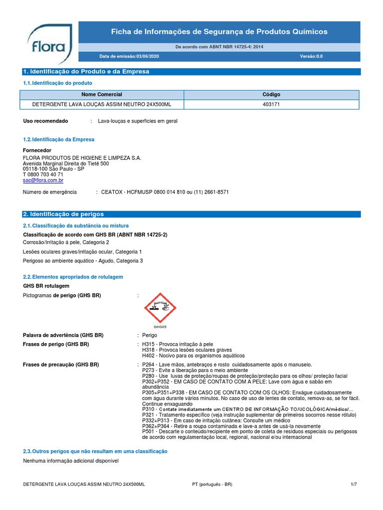 FISPQ Detergente Assim Neutro 500ml | PDF | Queimadura | Desperdício