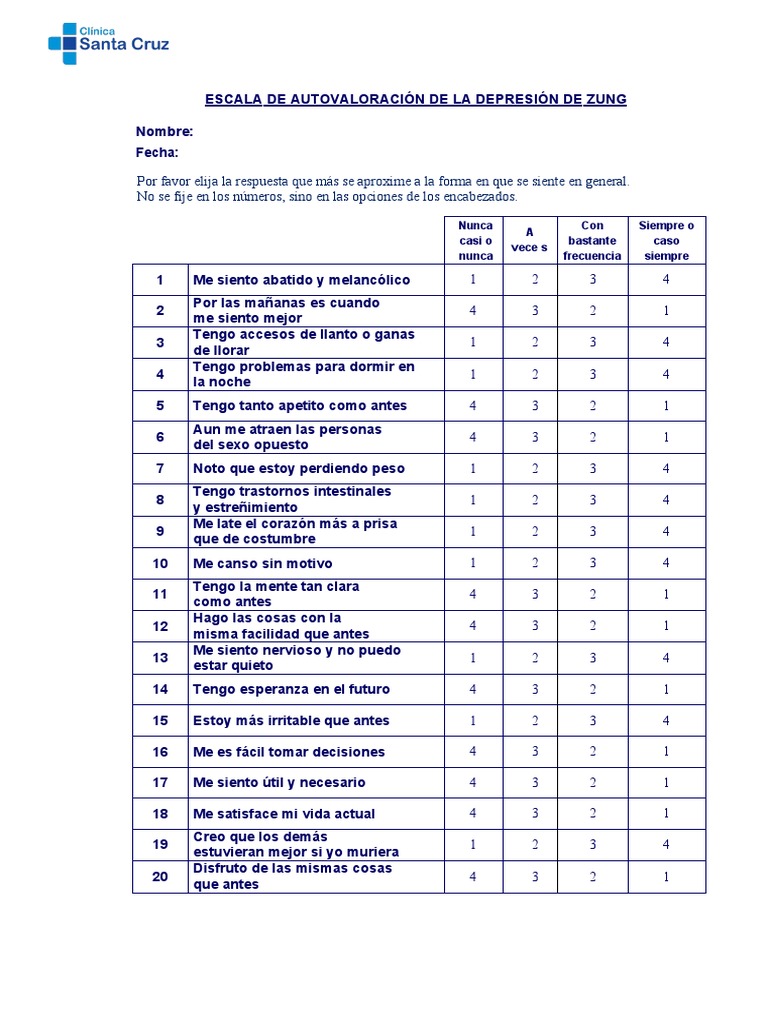Escala de Autovaloración de La Depresión y Ansiedad de Zung | PDF ...
