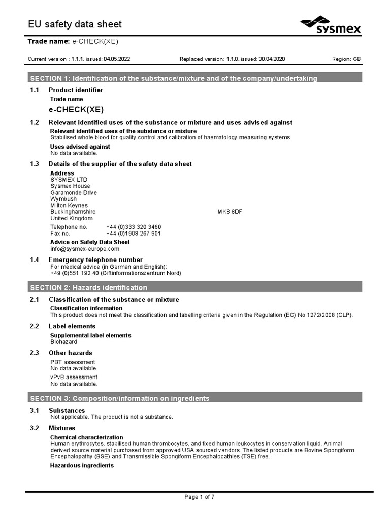 EU Safety Data Sheet: e-CHECK (XE) | PDF | Safety | Working Conditions