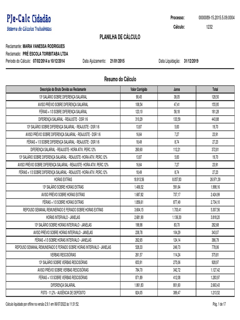 15 - 2015 Cálculos PDF IPCA E Selic | PDF | Férias trabalhistas | Juros