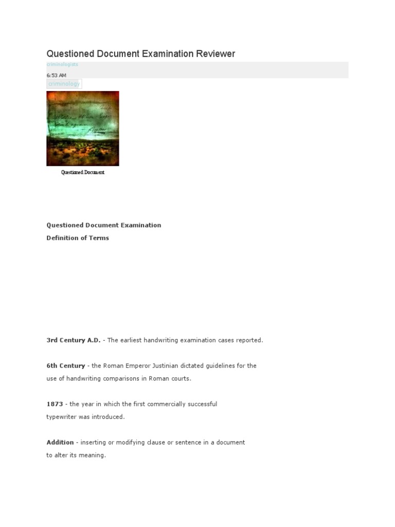 Questioned Document Examination Reviewer: Criminology | PDF | Typewriter | Printing