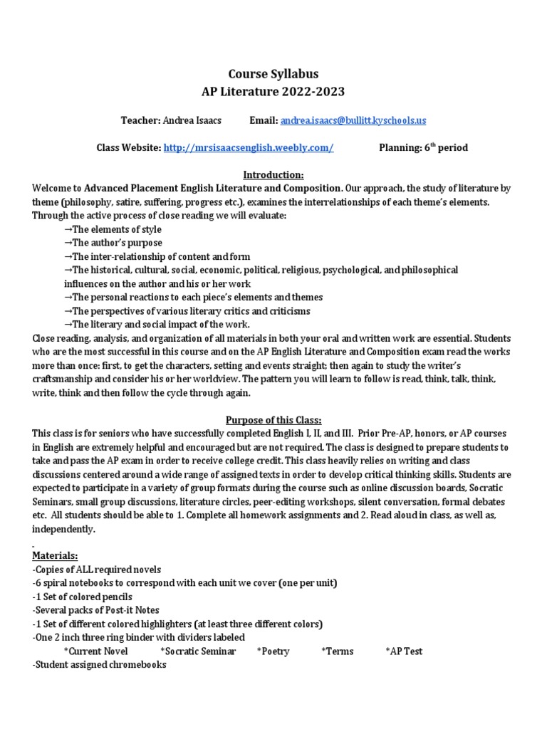 AP Literature 2022-2023 Syllabus | PDF | Advanced Placement | Test ...
