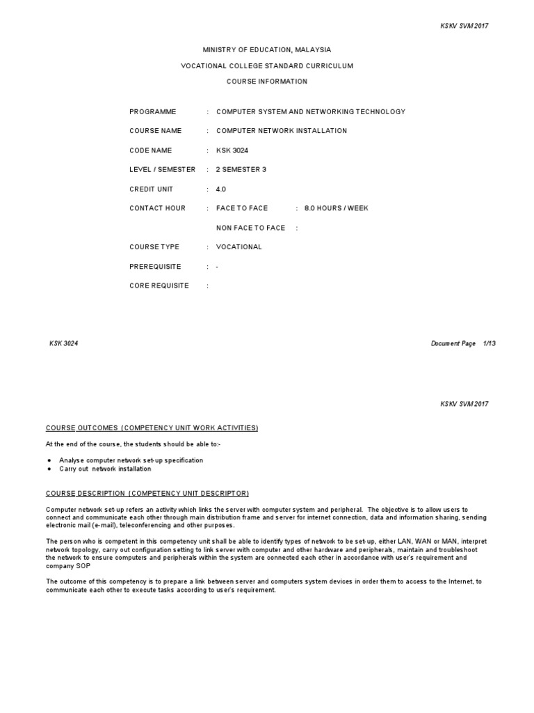 Computer Network Installation: A Standard Curriculum for Installing ...