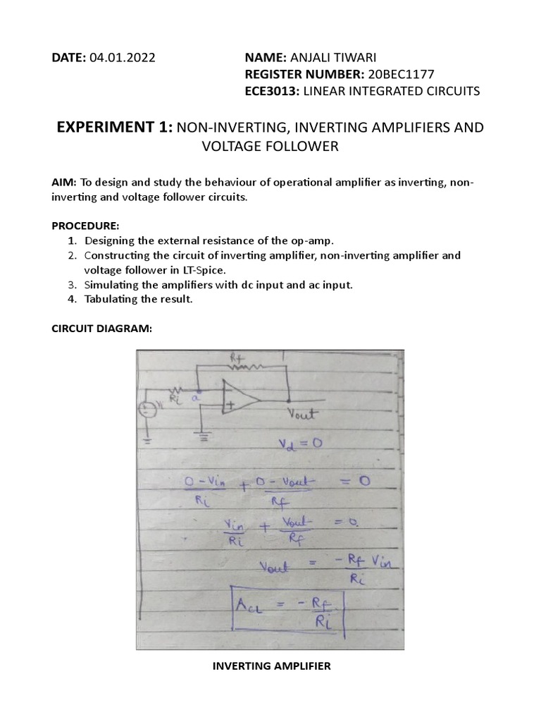 Experiment 1:: Non-Inverting, Inverting Amplifiers and Voltage Follower | PDF | Operational ...