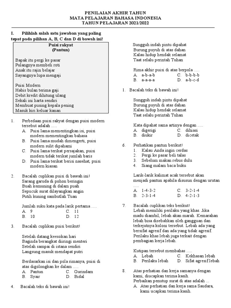 Soal Pat B. Indonesia Kelas 7 SM2 | PDF