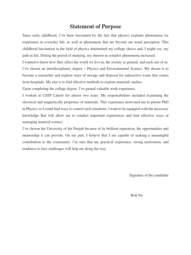 Statement of Purpose For Admission in PHD Physics | PDF