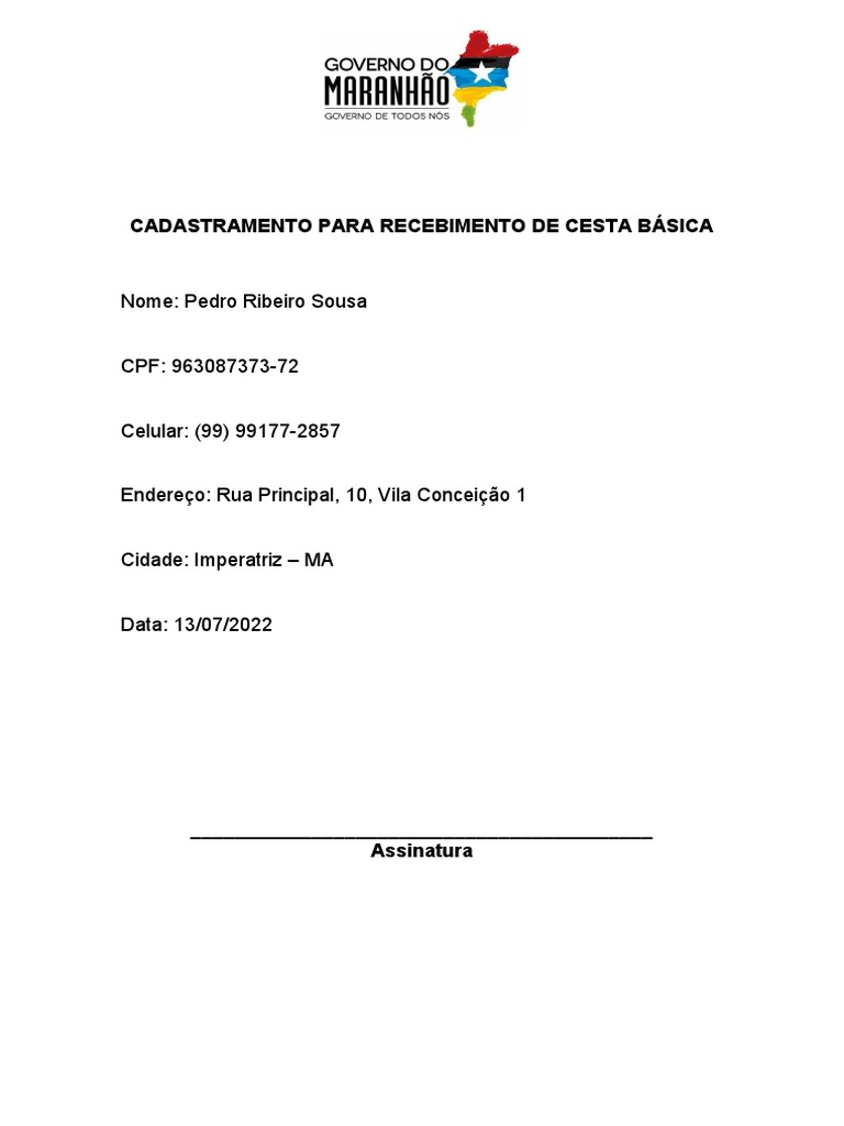 Cadastramento para Recebimento de Cesta Básica | PDF