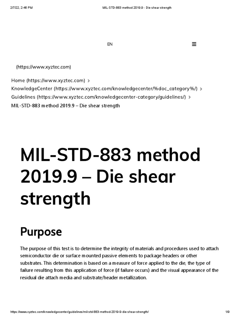 MIL-STD-883 Method 2019.9 - Die Shear Strength | PDF | Force | Applied And Interdisciplinary Physics