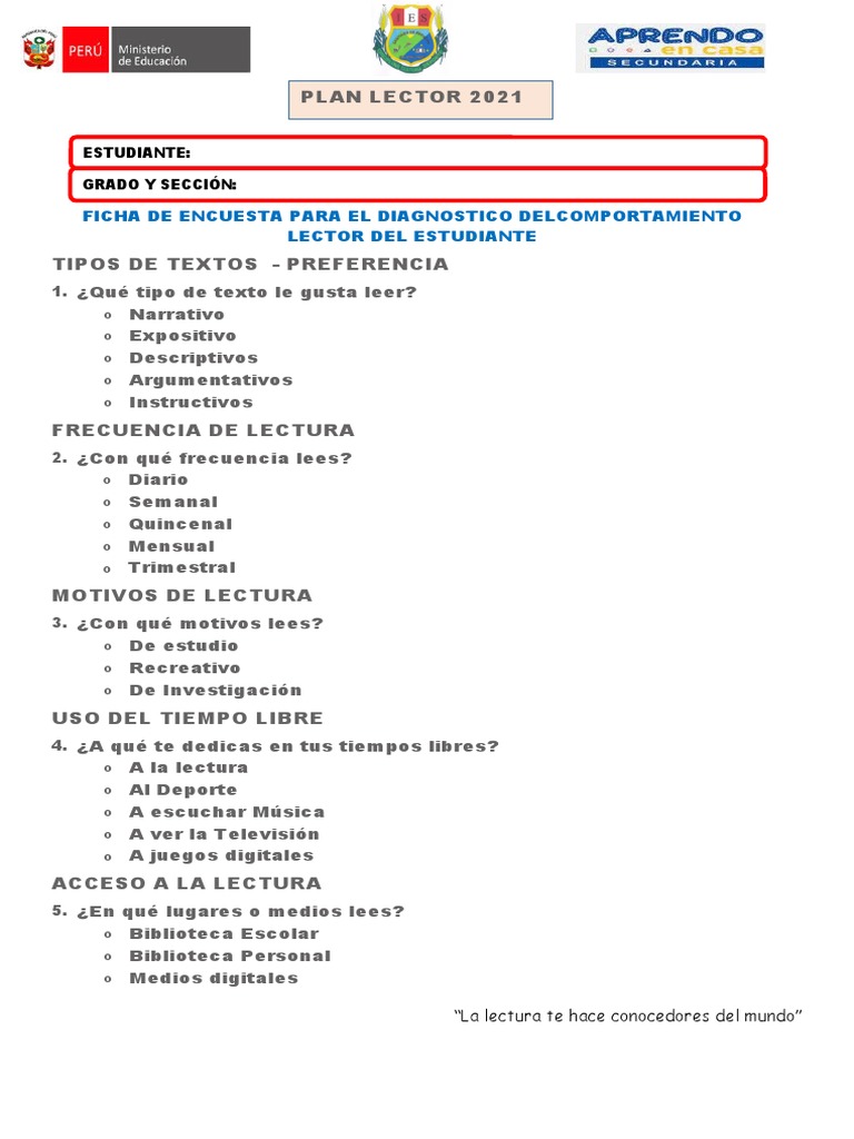Encuesta de diagnóstico sobre los hábitos y preferencias de lectura de ...
