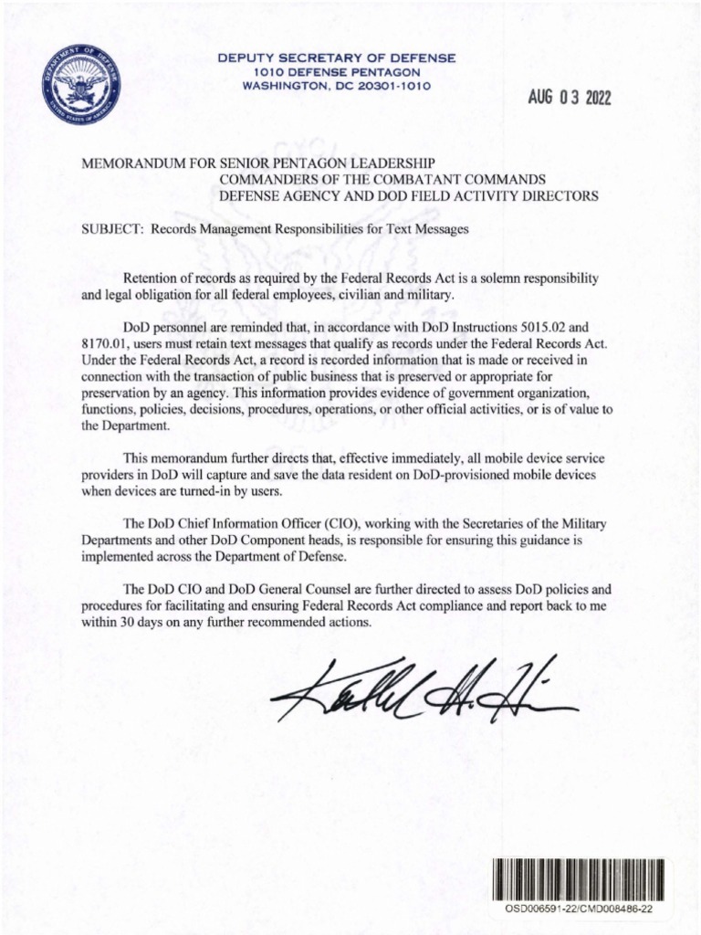 Records Management Memo Pentagon DoD | PDF
