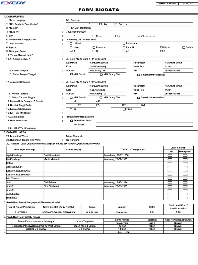 Form Biodata (ENGLISH) | PDF