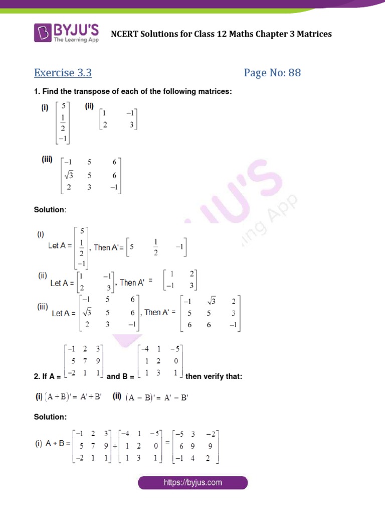 NCERT Solutions For Class 12 Maths Chapter 3 Matrices Exercise 3.3 | Download Free PDF | Matrix ...