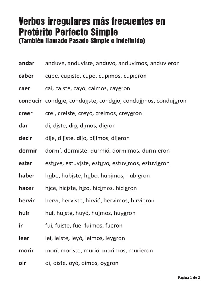 Verbos Irregulares en Pretérito Indefinido | PDF